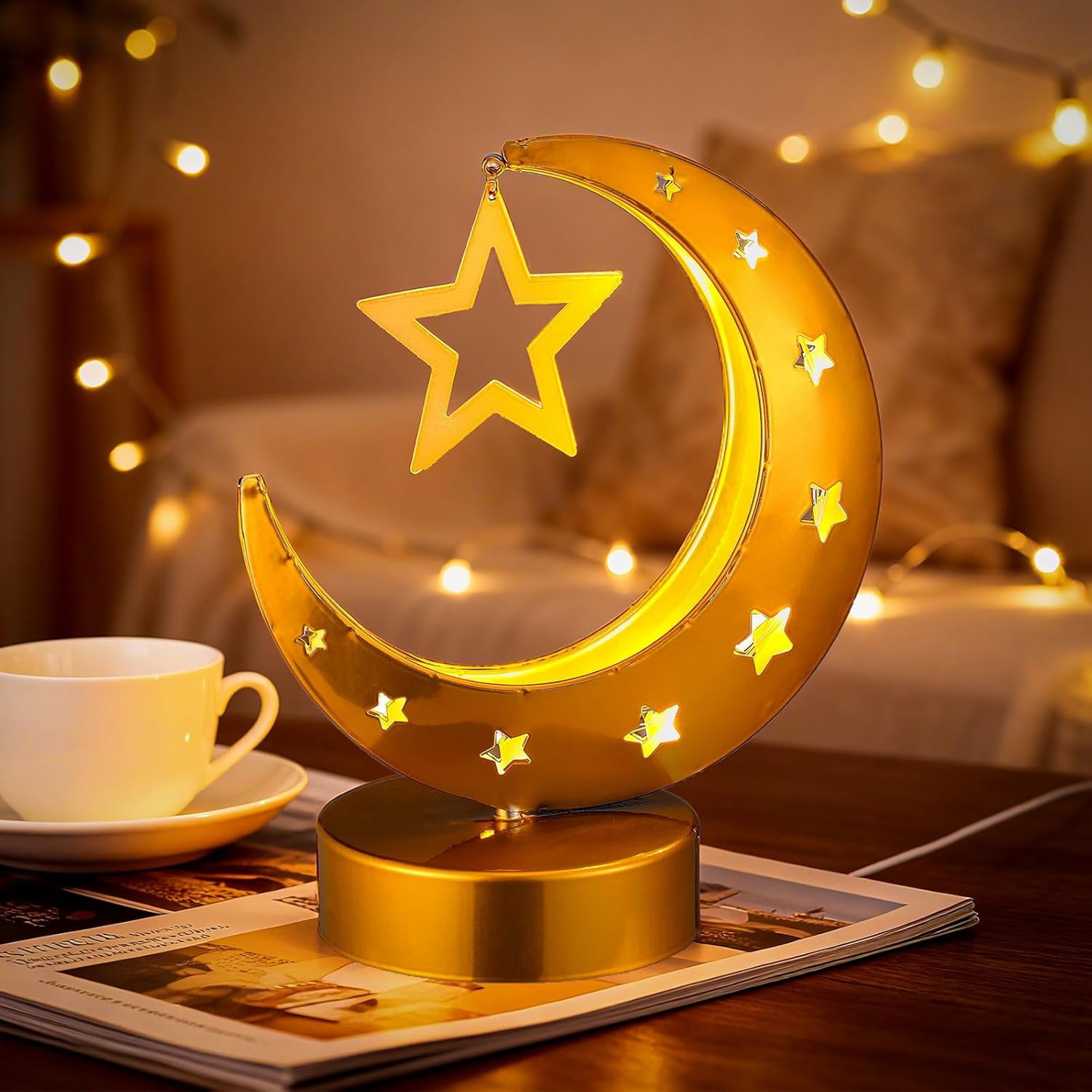 Eid Ul Fitr Moon Lamp, Tabletop Enchanted Crescent Lunar Lamp Ramadan ...