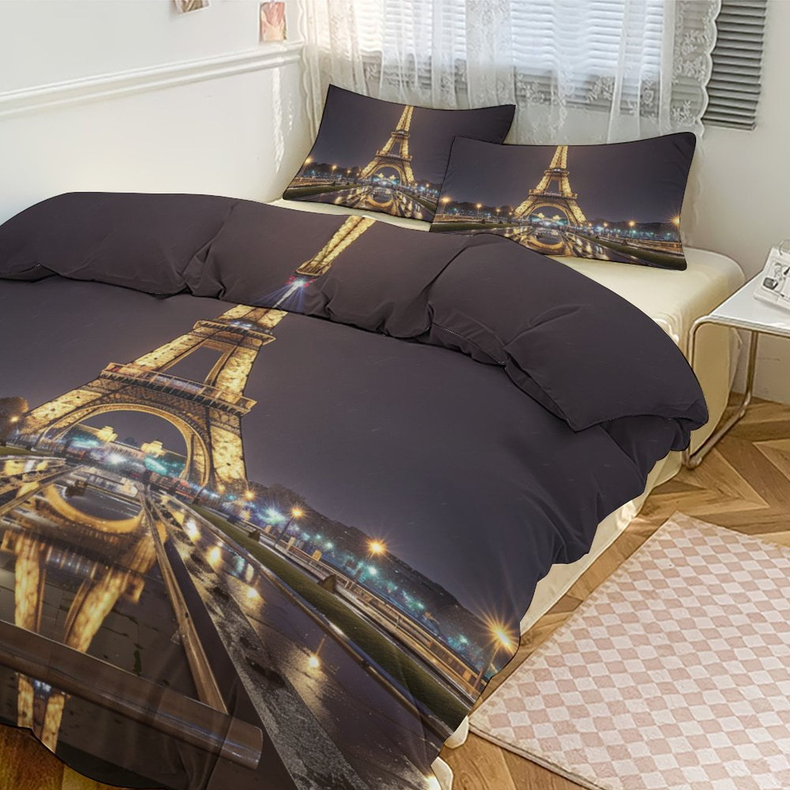 Eiffel Tower 3 Pcs Soft Bedding Set, Includes 1 Duvet Cover with Zipper And 2 Pillow Shams ...
