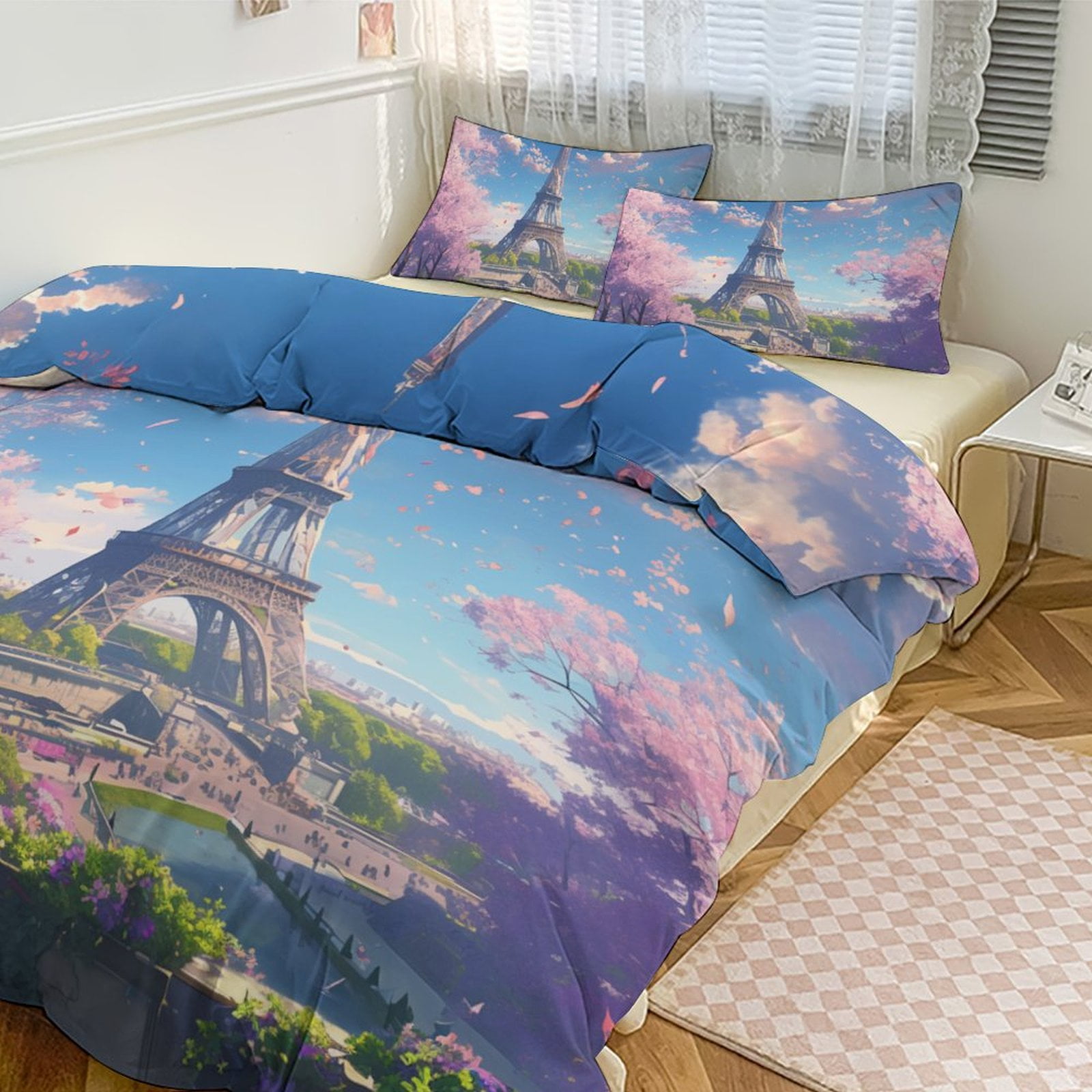 Eiffel Tower 79"x90" 3 Pcs Soft Bedding Set Includes 1 Duvet Cover with Zipper And 2 Pillow ...