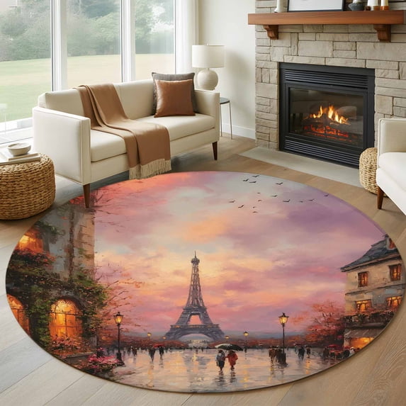 Eiffel Tower 8FT Round Area Rugs for Living Room Purple Sunset Country ...