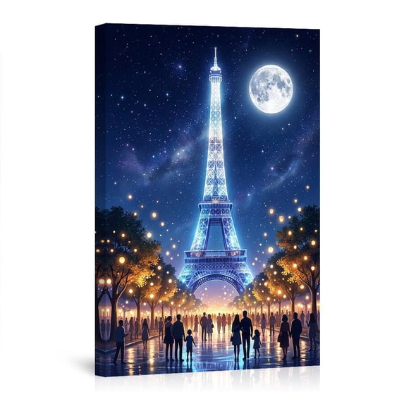 Eiffel Tower At Night With Full Moon Romantic Parisian Landscape ...