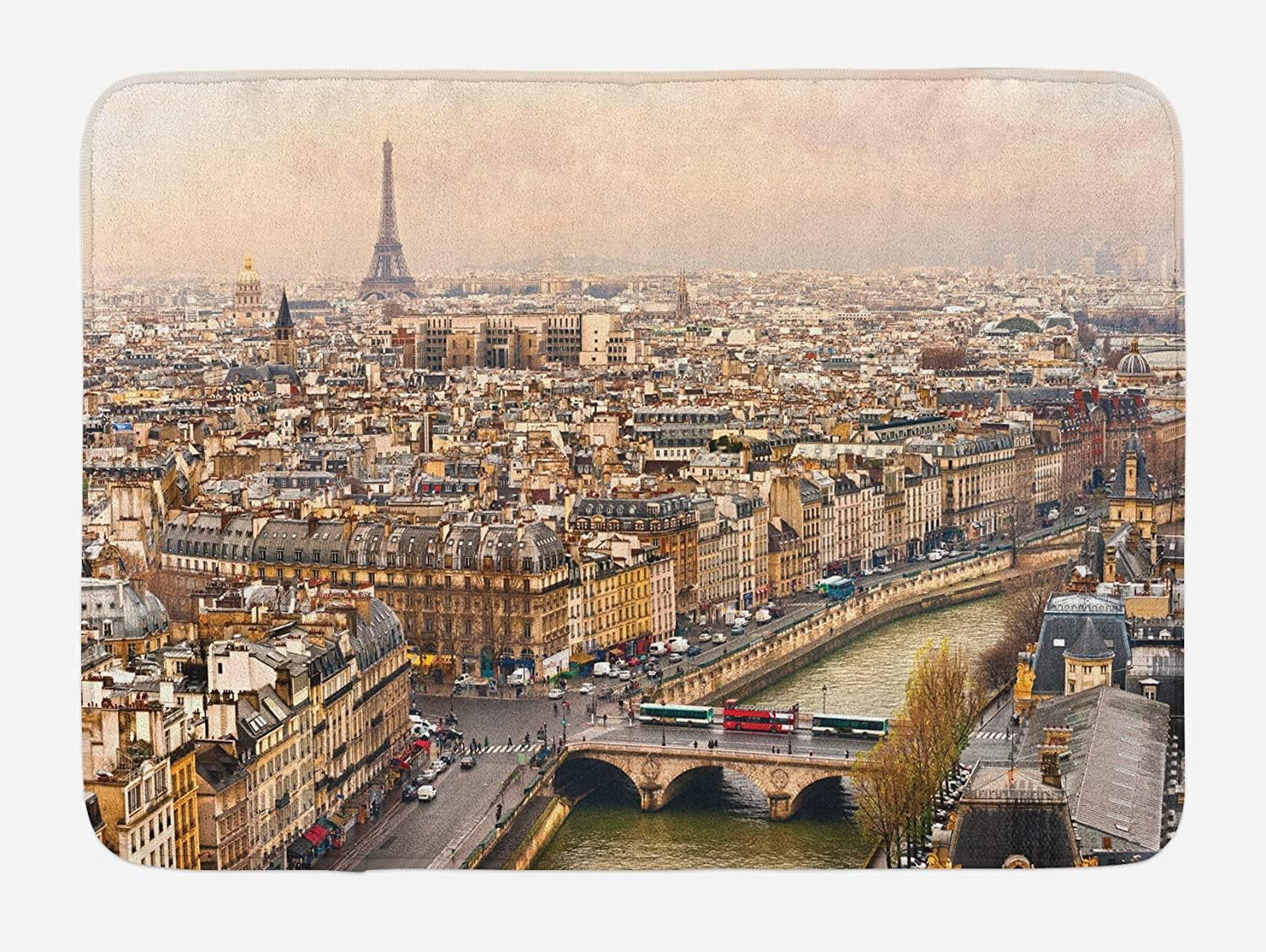 Eiffel Tower Bath Mat, Paris Streets Busy Day Buildings Bridge River ...