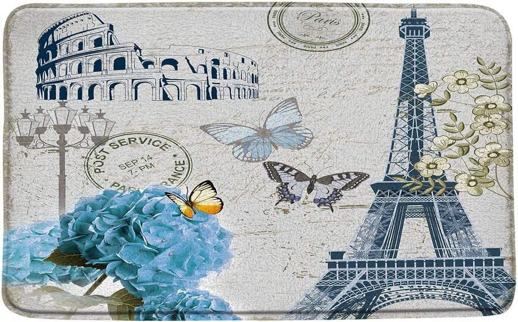 Eiffel Tower Bath Mat,Vintage Flower Butterfly Paris Bath Rug Blue ...