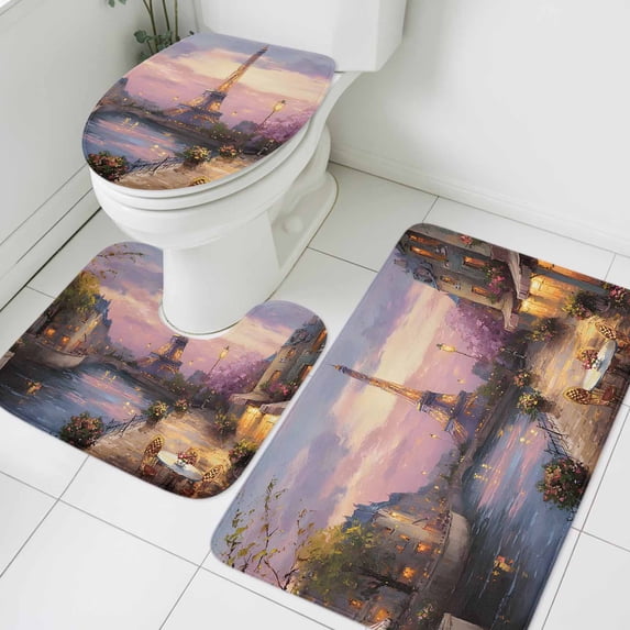 Eiffel Tower Bathroom Rugs Set Modern Purple Sunset Bridge River Night ...