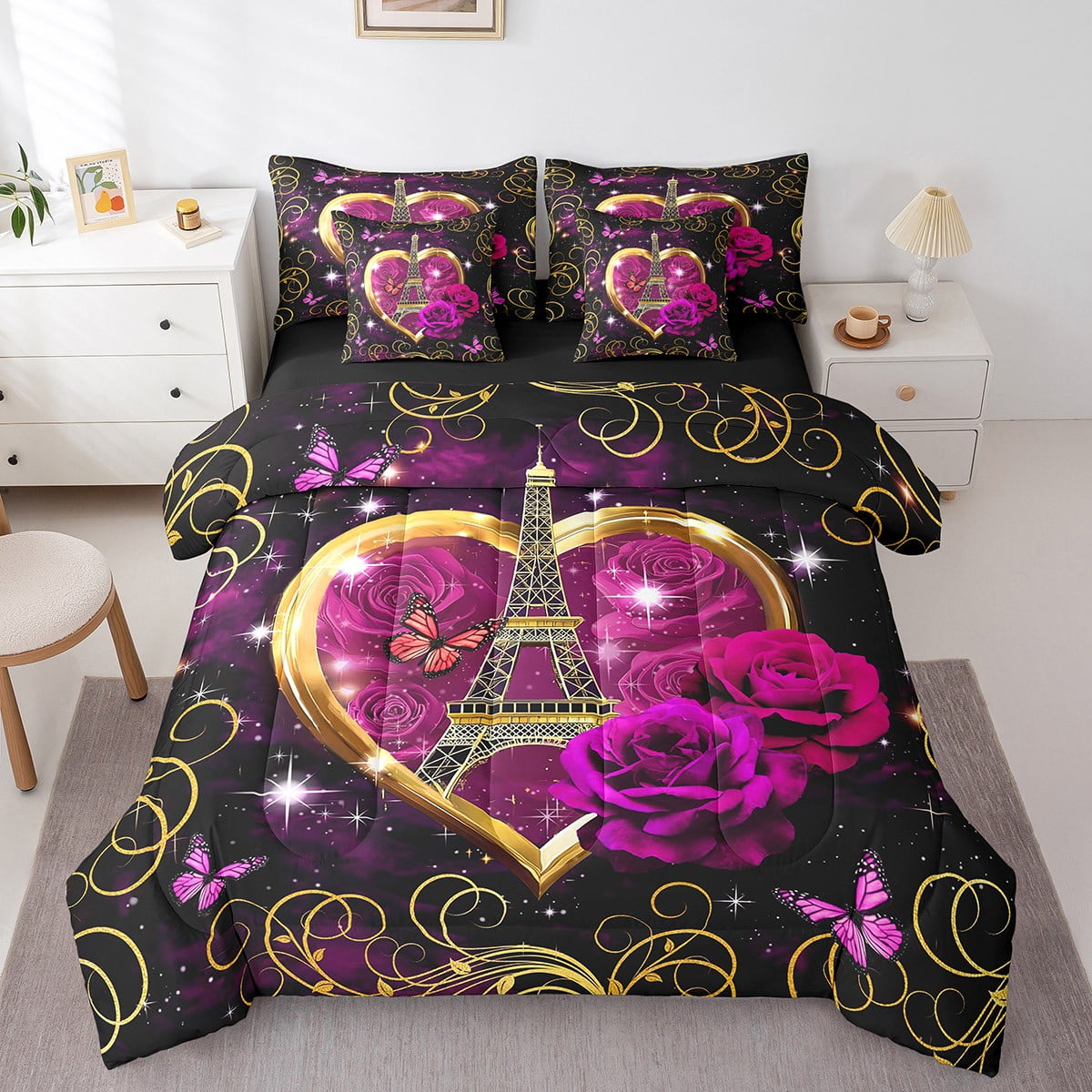 Eiffel Tower Bed in a Bag King Size Comforter Set 7 Pieces,Magenta Rose ...
