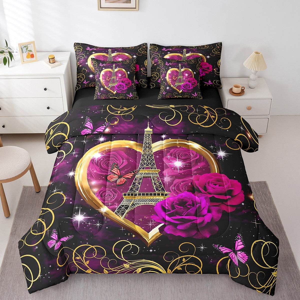 Eiffel Tower Bed in a Bag Queen Comforter Set 7 Piece,Magenta Rose Bedding Sets,Romantic France ...