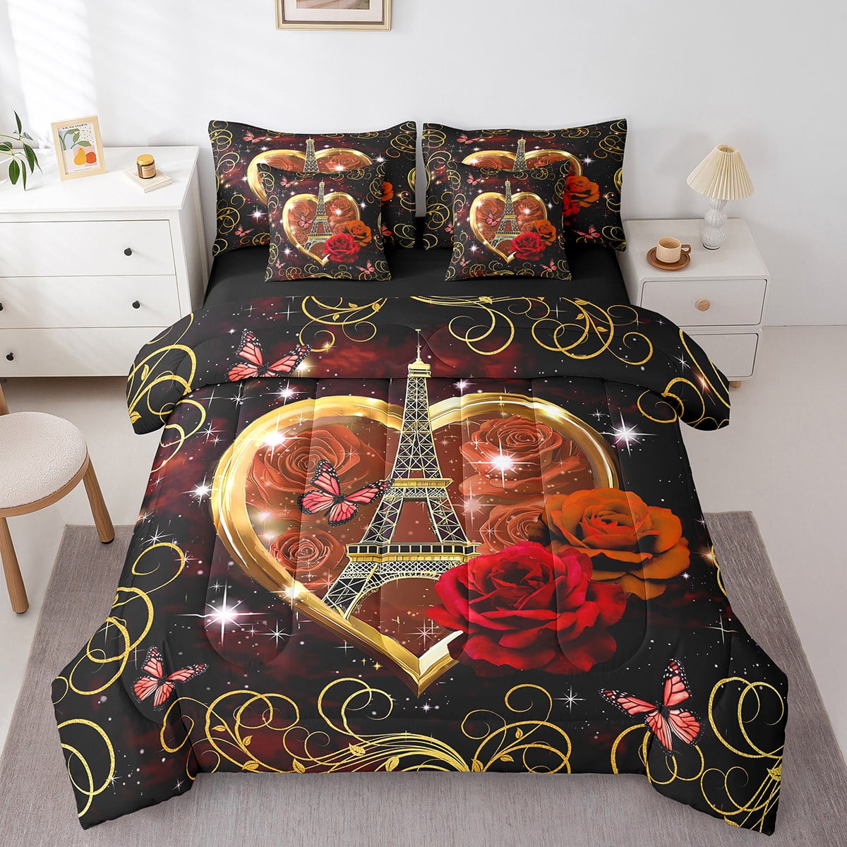 Eiffel Tower Bed in a Bag Queen Comforter Set 7 Piece,Orange Rose ...