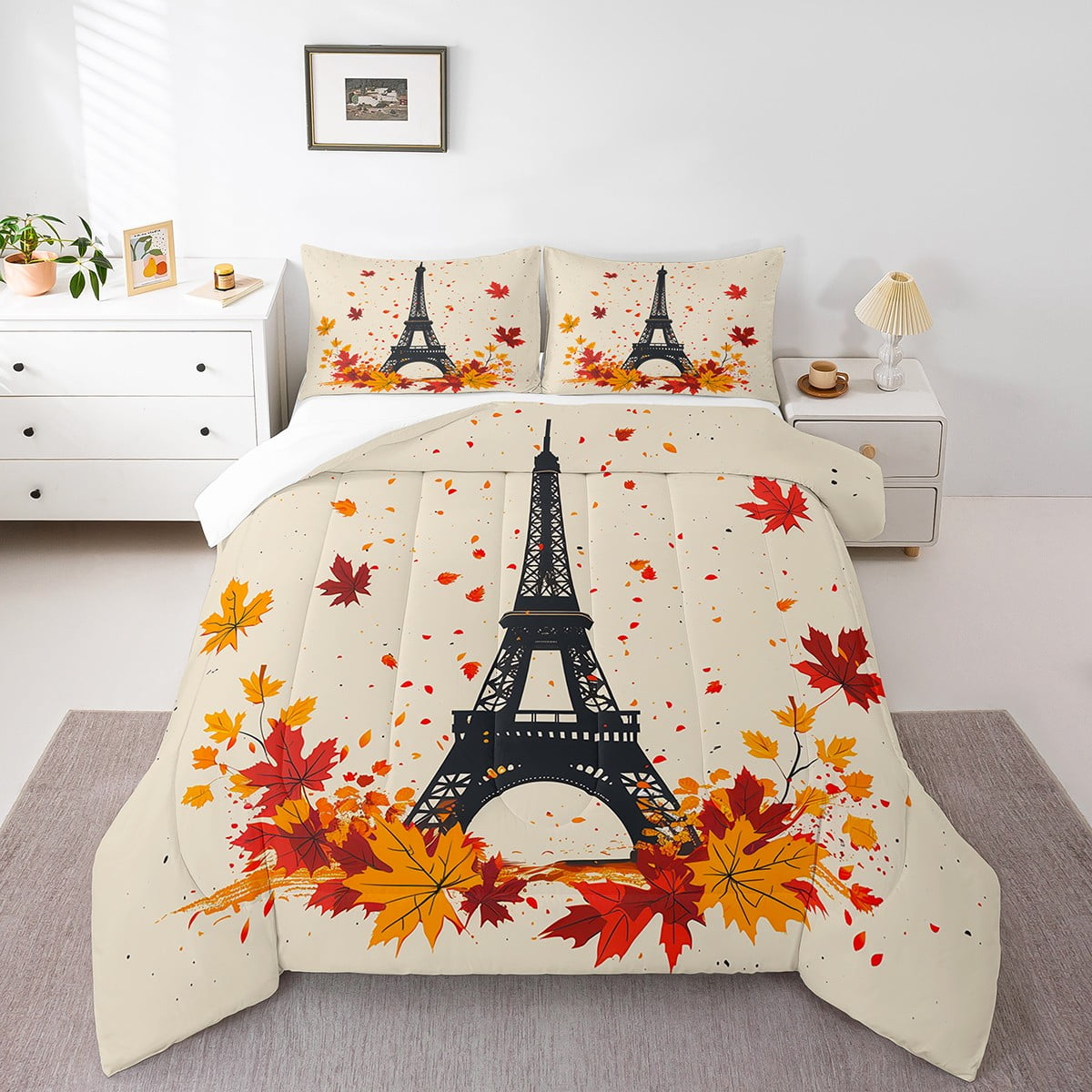 Eiffel Tower Bedding Set Fall Maple Leaves King Comforter Set Romantic ...