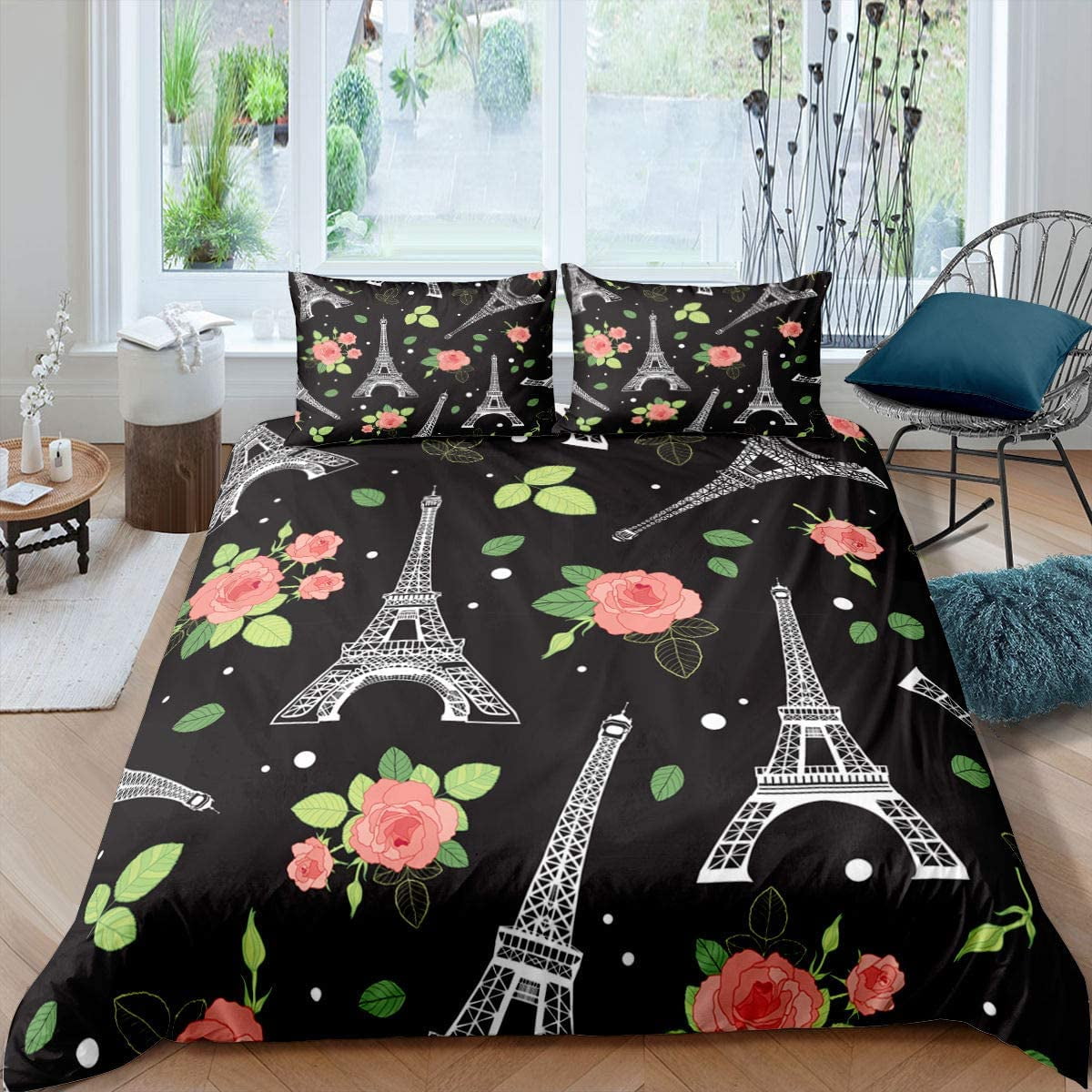 Eiffel Tower Bedding Set Paris Duvet Cover Rose Flower Leaves Comforter ...
