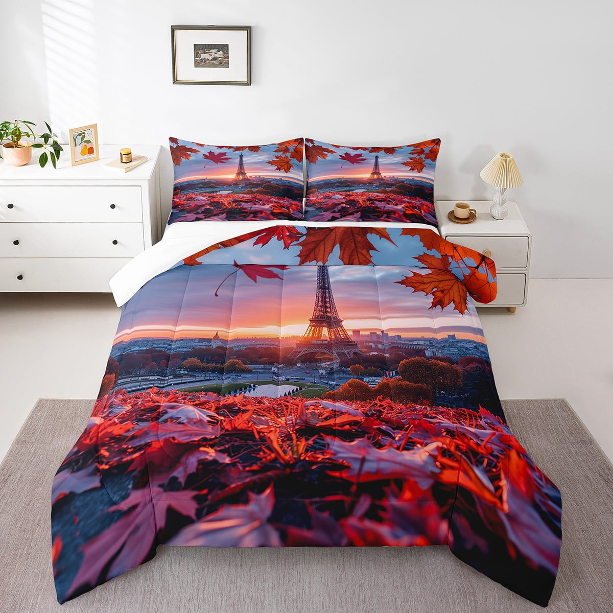 Eiffel Tower Bedding Set Romantic Cityscape Comforter Set,Fall Leaves ...