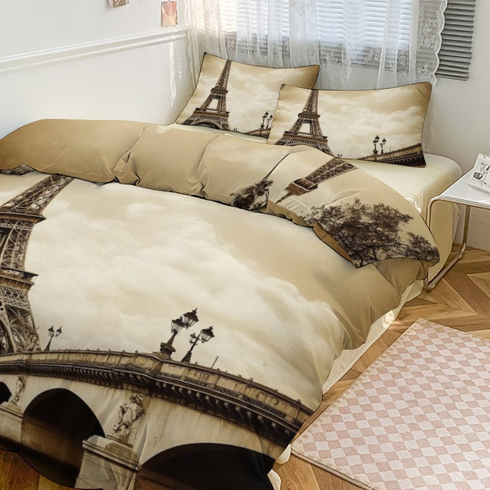 Eiffel Tower Bridge Sepia 3 Pcs Soft Bedding Set Includes 1 Duvet Cover ...