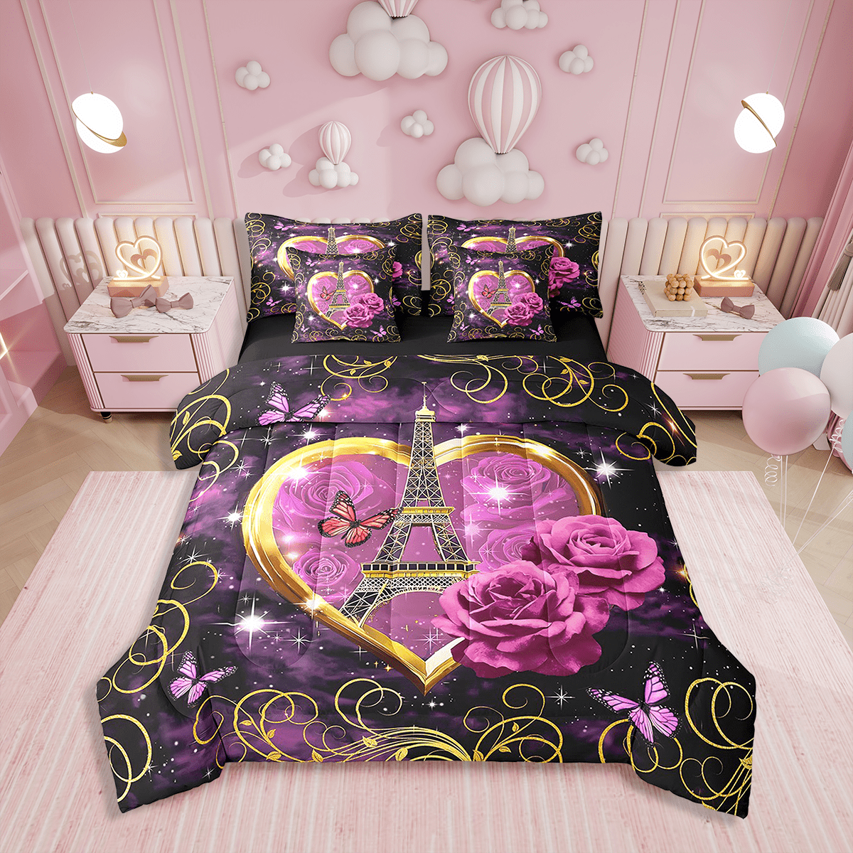 Eiffel Tower Comforter Set 7 Piece Bed in a Bag Twin,Pink Rose Bedding ...