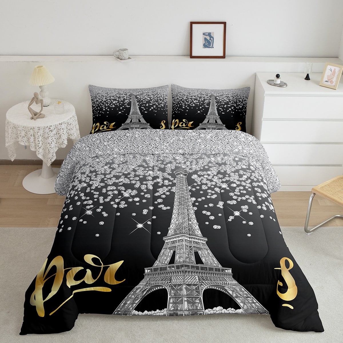 Eiffel Tower Comforter Set Chic Paris Bedding Romantic Diamond ...
