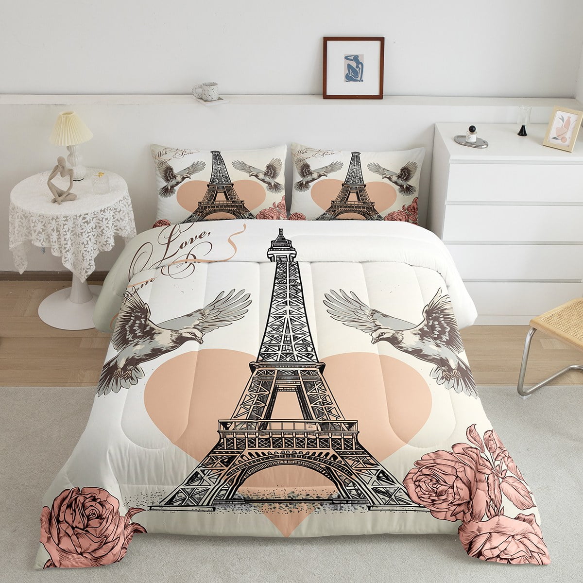 Eiffel Tower Comforter Set Paris City Floral Queen Bed Comforter Set for Women Gifts, Romantic ...