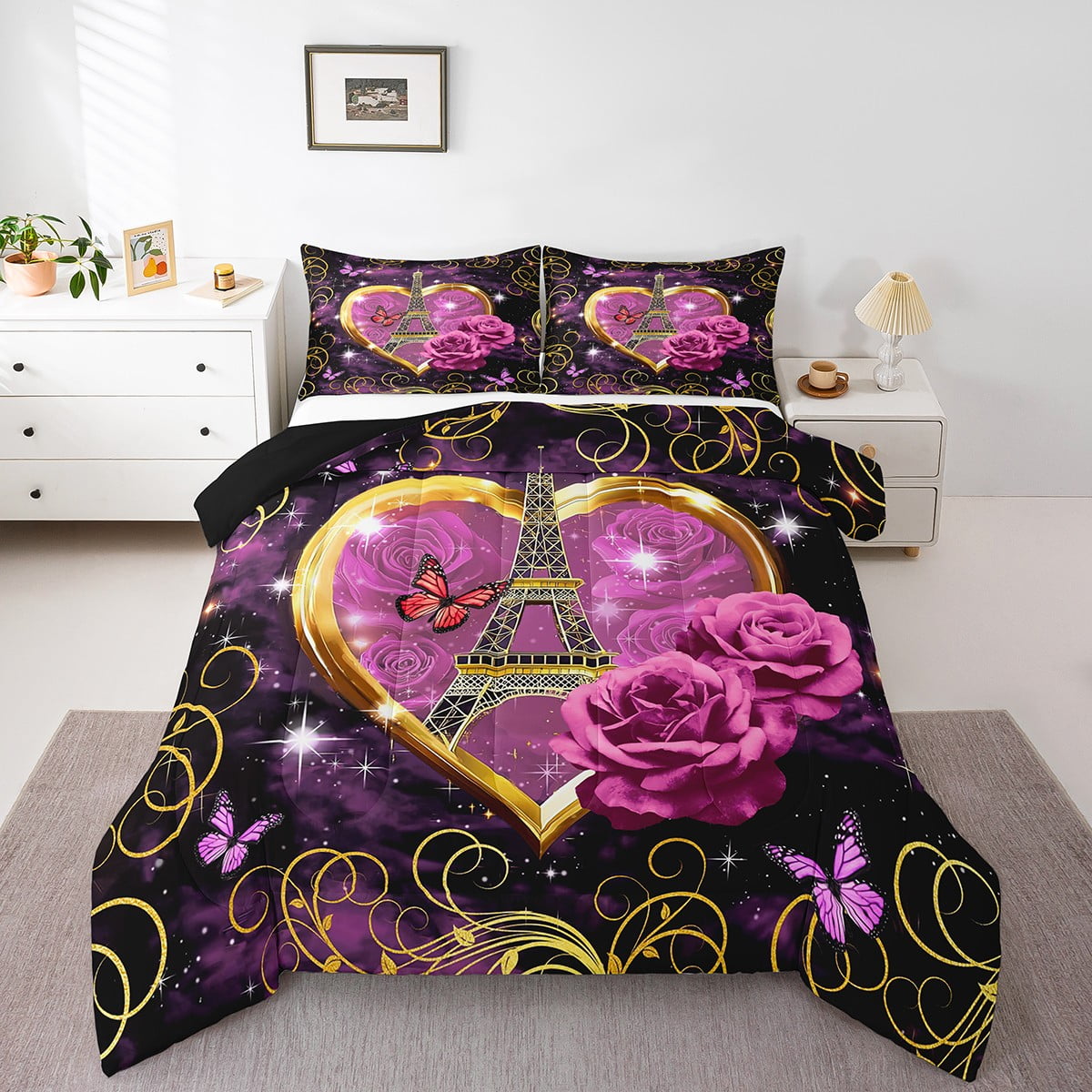Eiffel Tower Comforter Set Pink Rose King Bedding Set,Romantic France ...