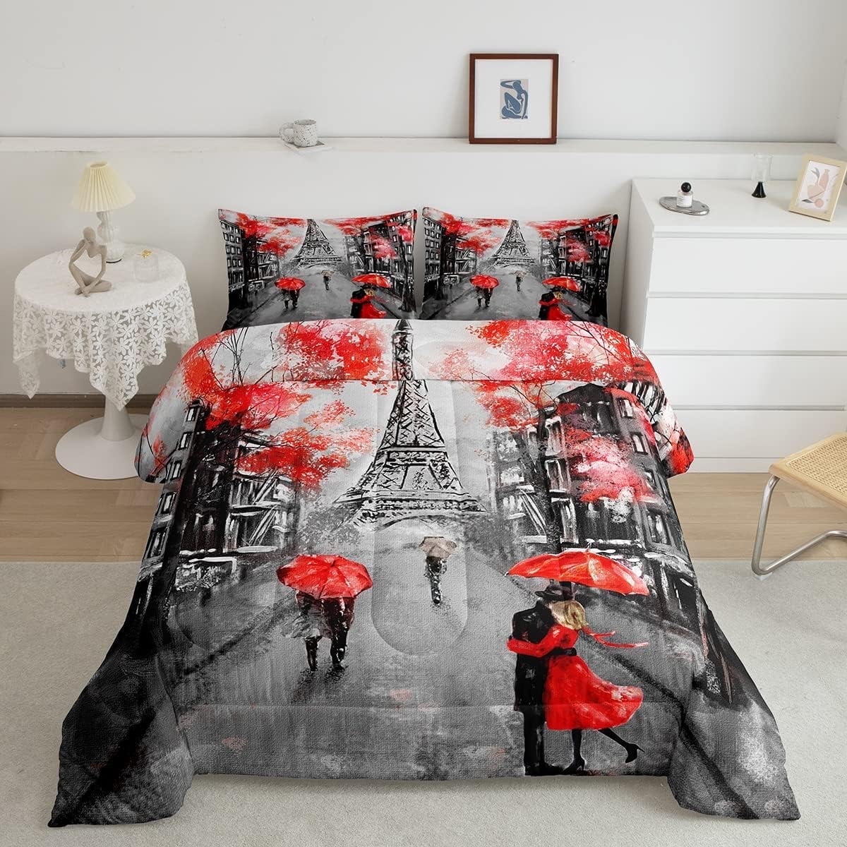 Eiffel Tower Comforter Set Queen Size Women Romantic Paris Street ...