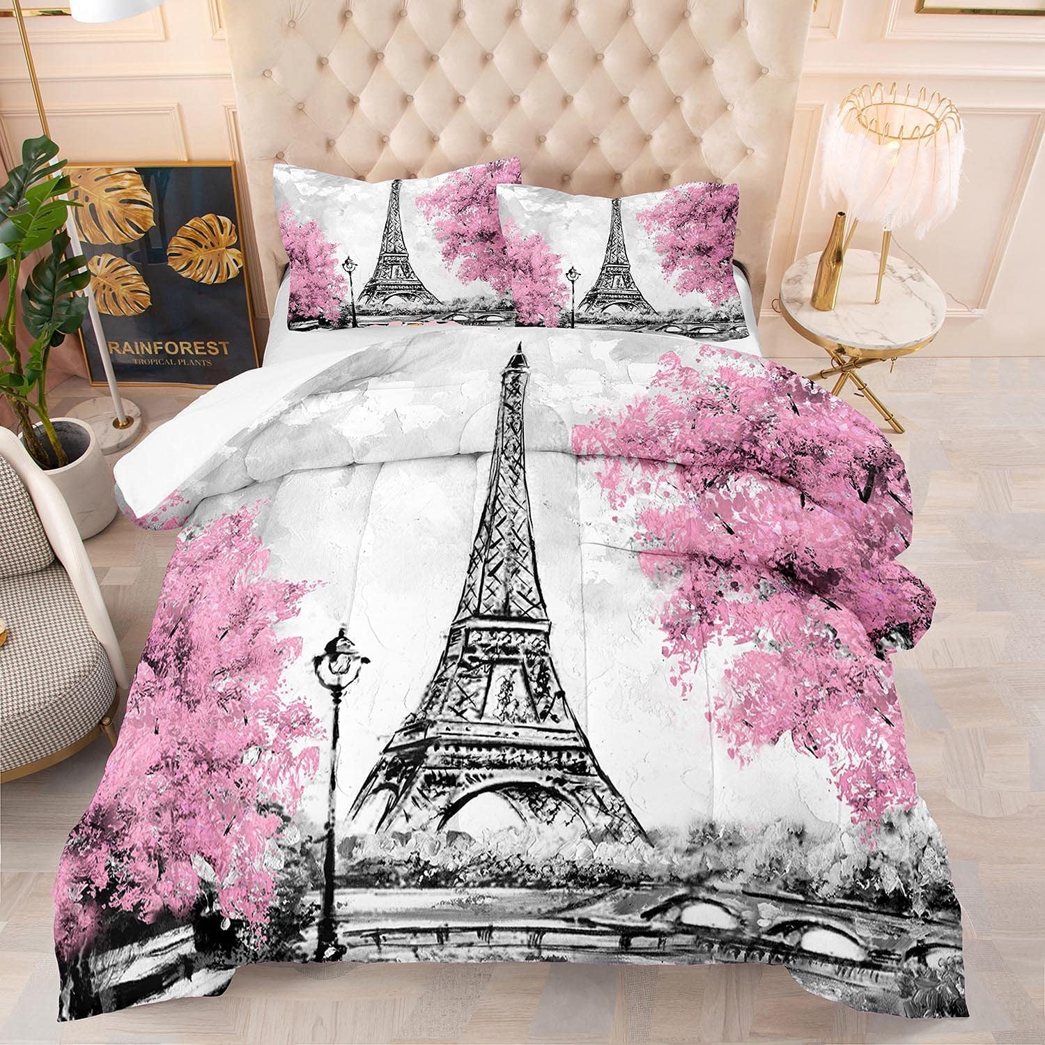 Eiffel Tower Comforter Set Size Pink Building Bicyle Flower Bedding for ...