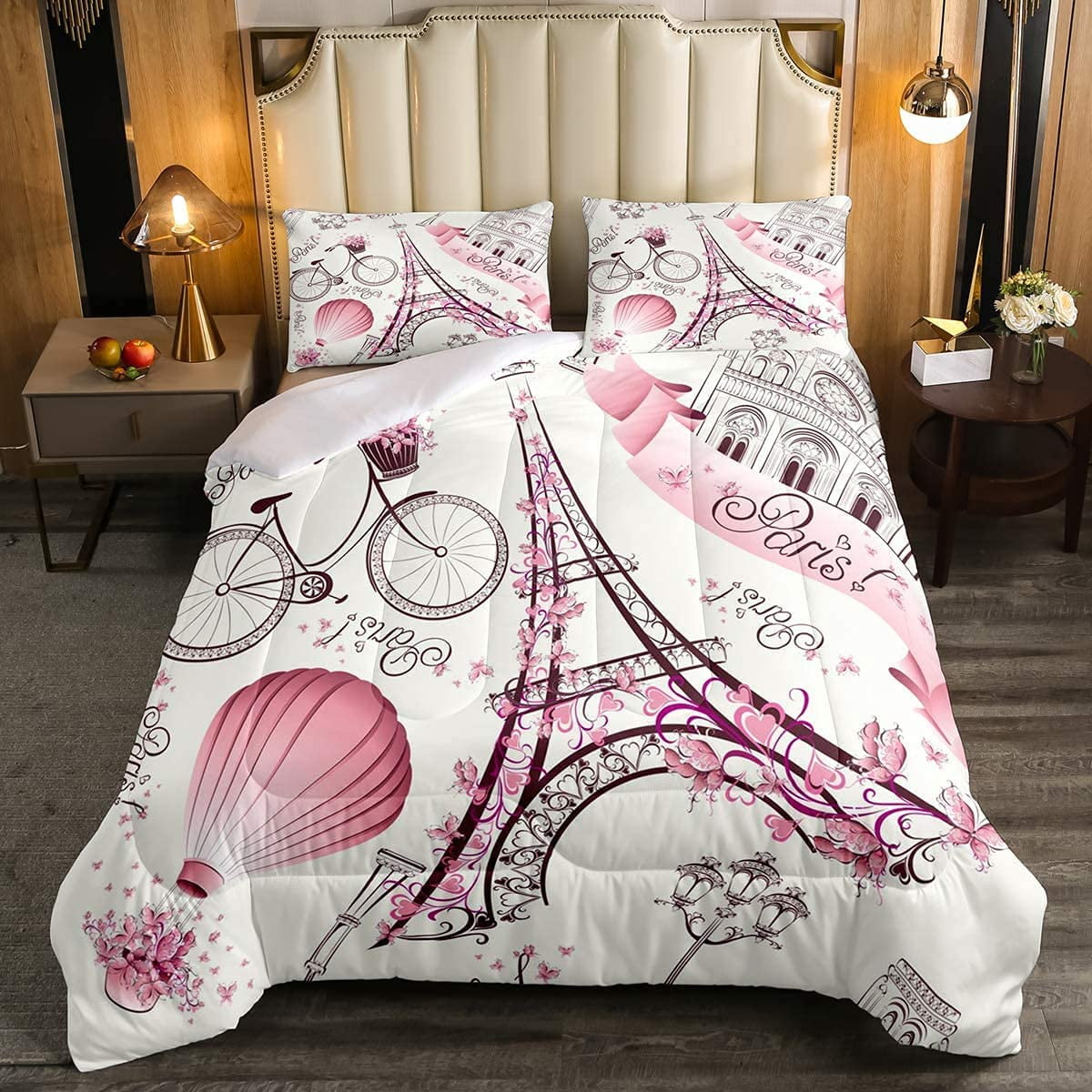 Eiffel Tower Comforter Set Size Pink Building Bicyle Flower Bedding for ...