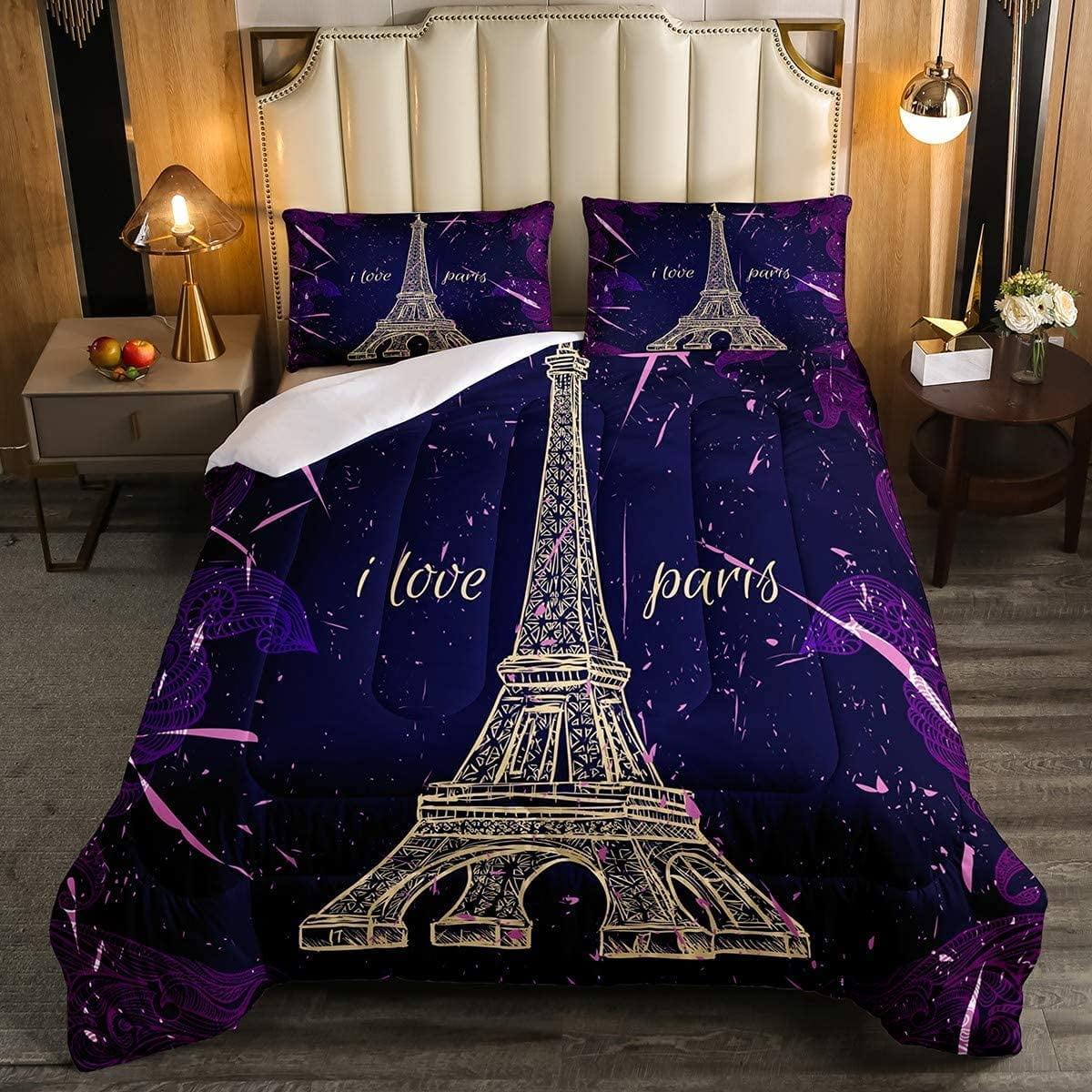 Eiffel Tower Comforter Set Size Pink Building Bicyle Flower Bedding for ...