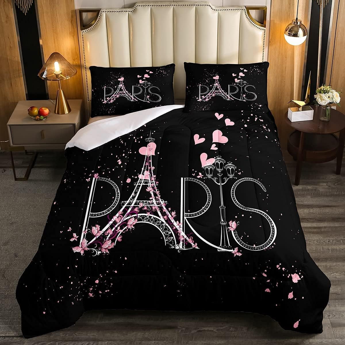 Eiffel Tower Comforter Set Size Pink Building Bicyle Flower Bedding for ...