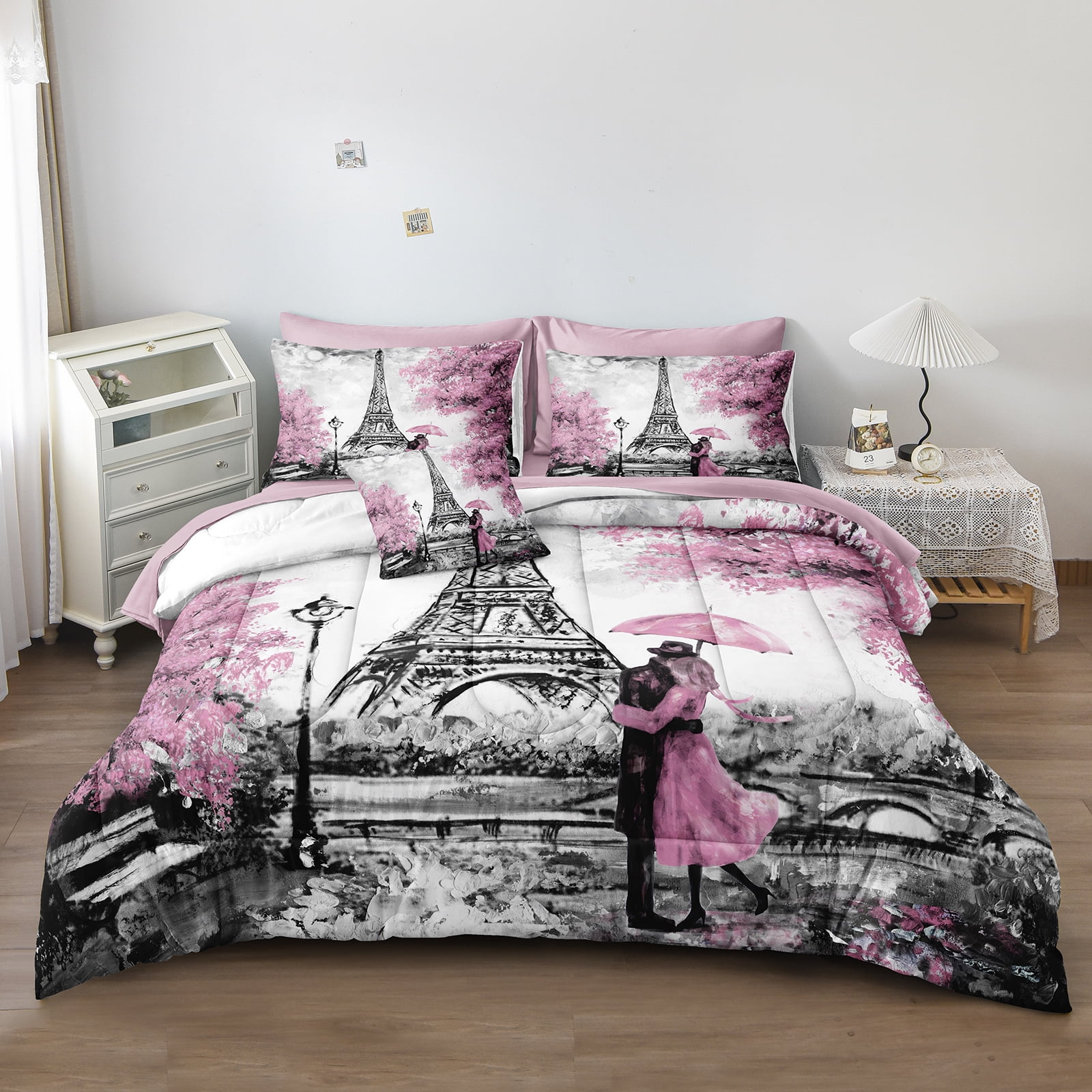 Eiffel Tower Couple Bedding Comforter Set Bed in a Bag Queen Pink Paris ...