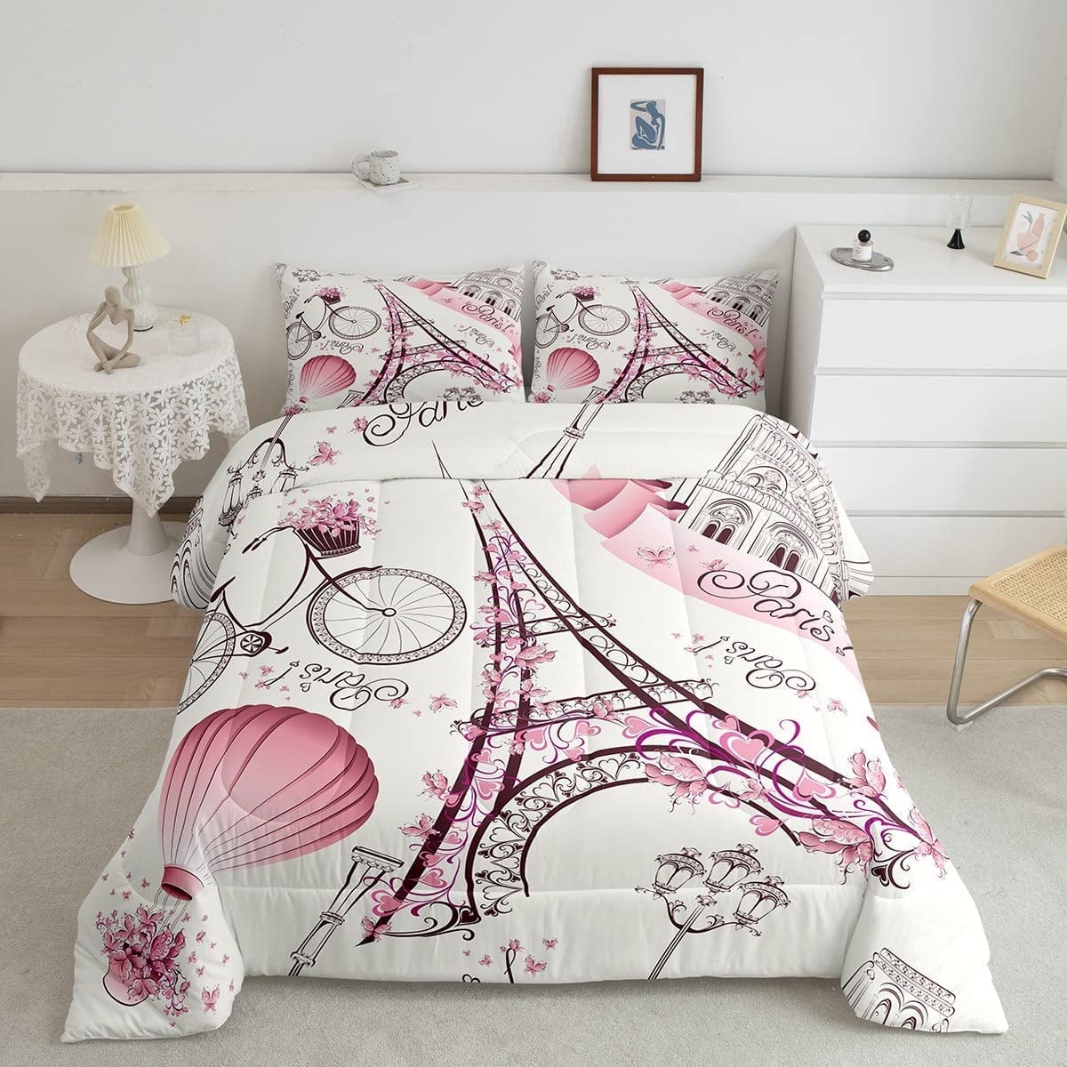 Eiffel Tower Couple Comforter Set Full Size Pink Floral Decor Down ...