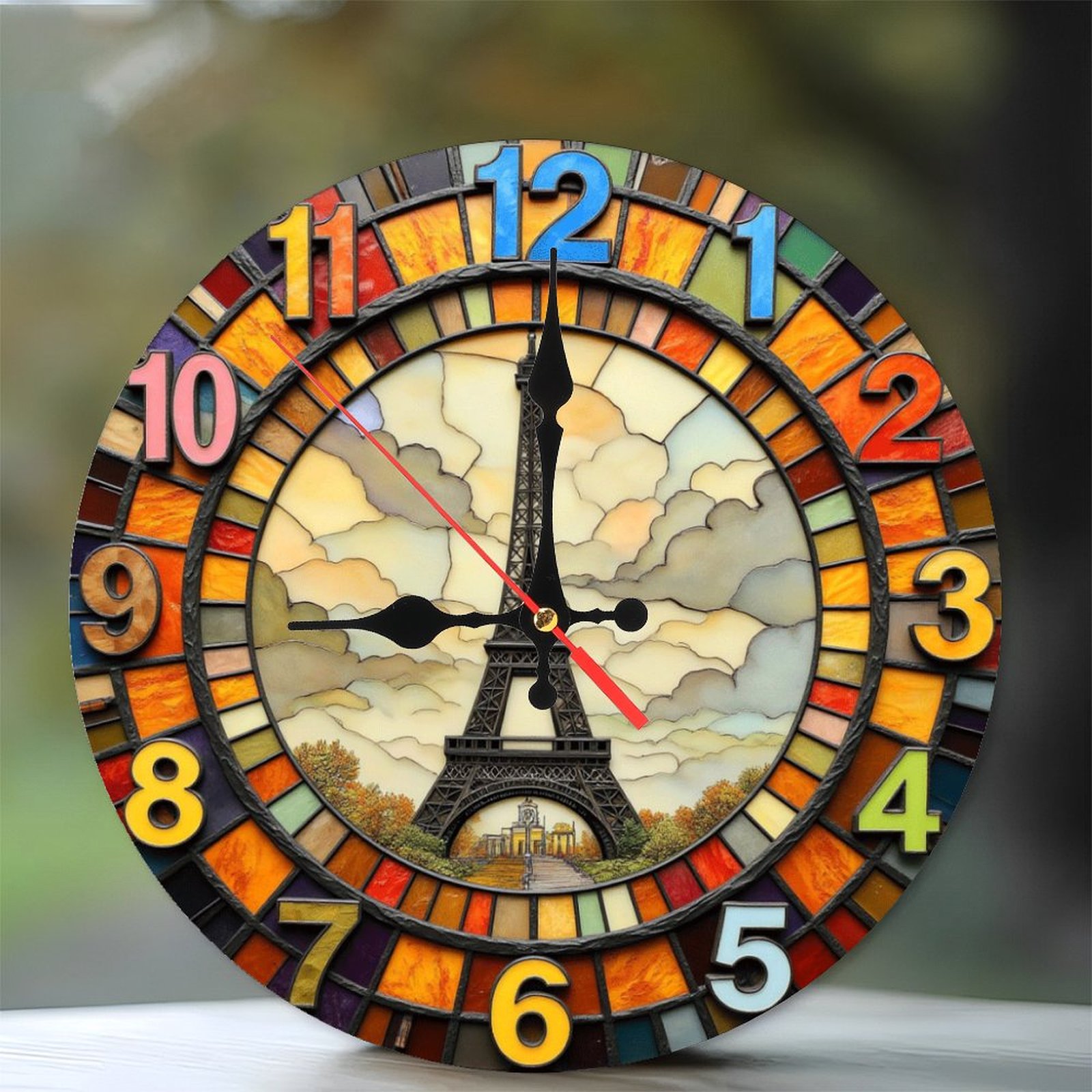 Eiffel Tower Decorative Wall Clock Stained Glass 10-Inch Silent Wooden ...