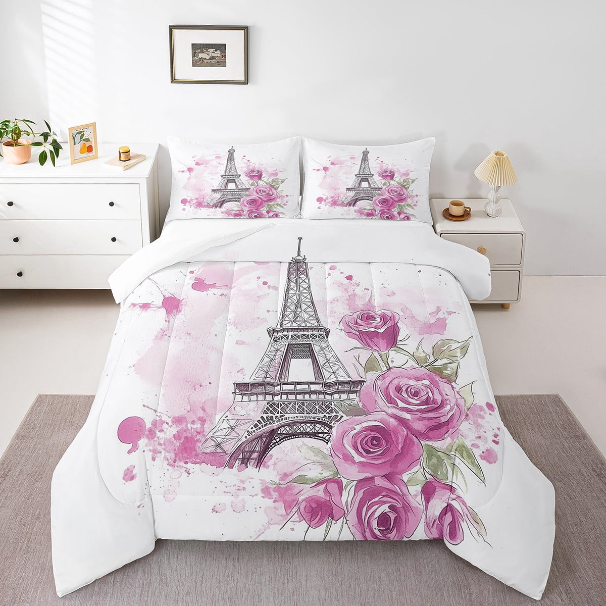 Eiffel Tower Down Comforter Pink Rose Flowers Toddler Bedding Sets ...