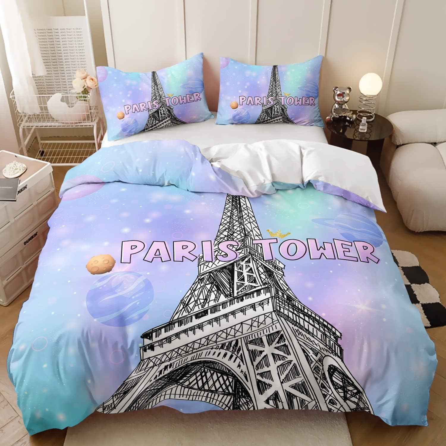 Eiffel Tower Duvet Cover Full Size,Fantasy Purple Planet Print Fashion ...