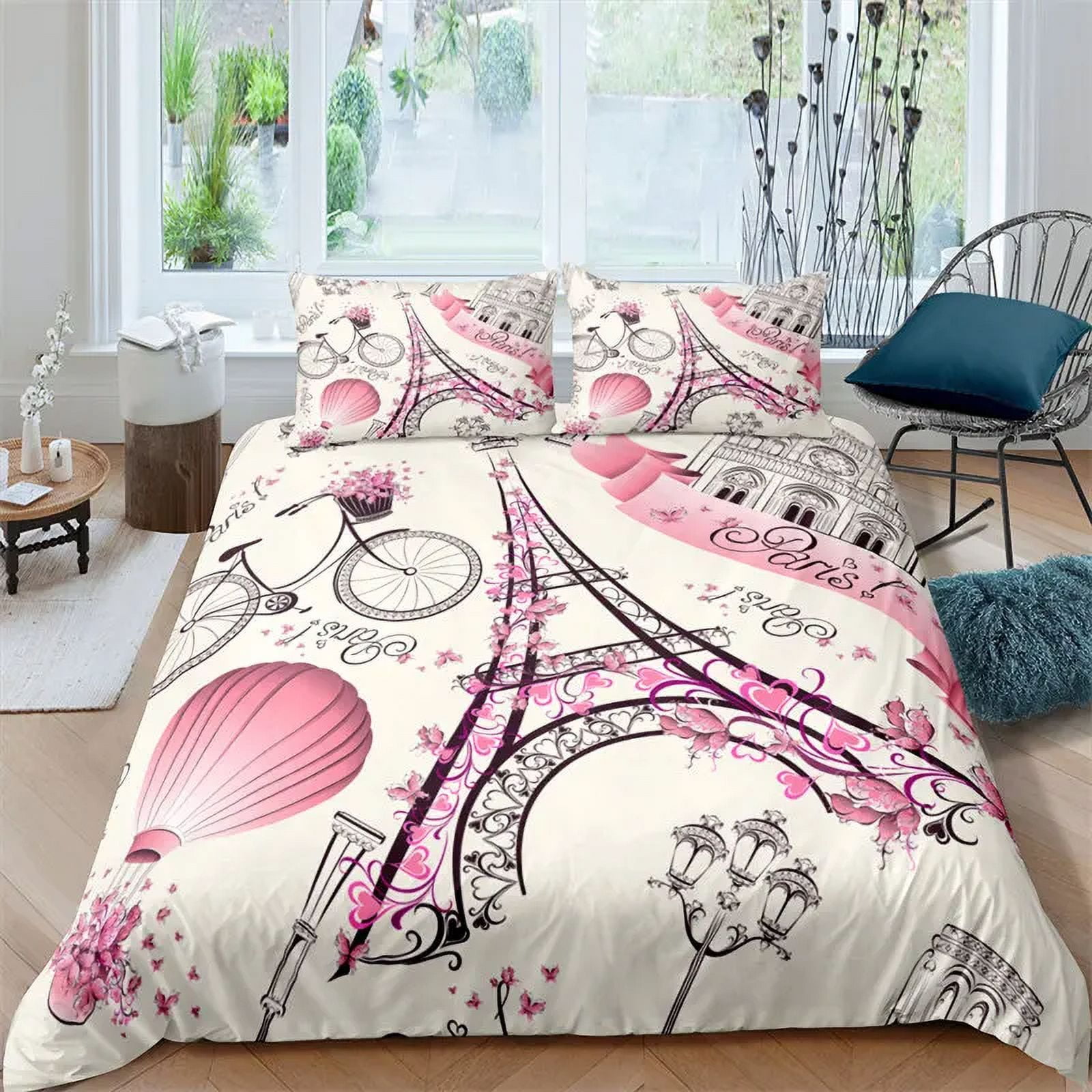 Eiffel Tower Duvet Cover Romantic Couple Flower King Comforter Cover Microfiber France Paris ...