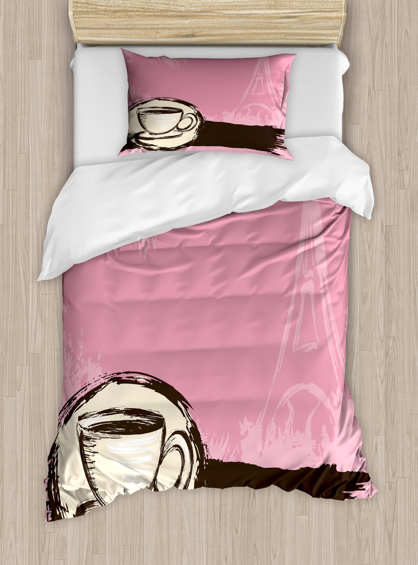 Eiffel Tower Duvet Cover Set, Grunge and Sketchy Drawing of a Coffee ...