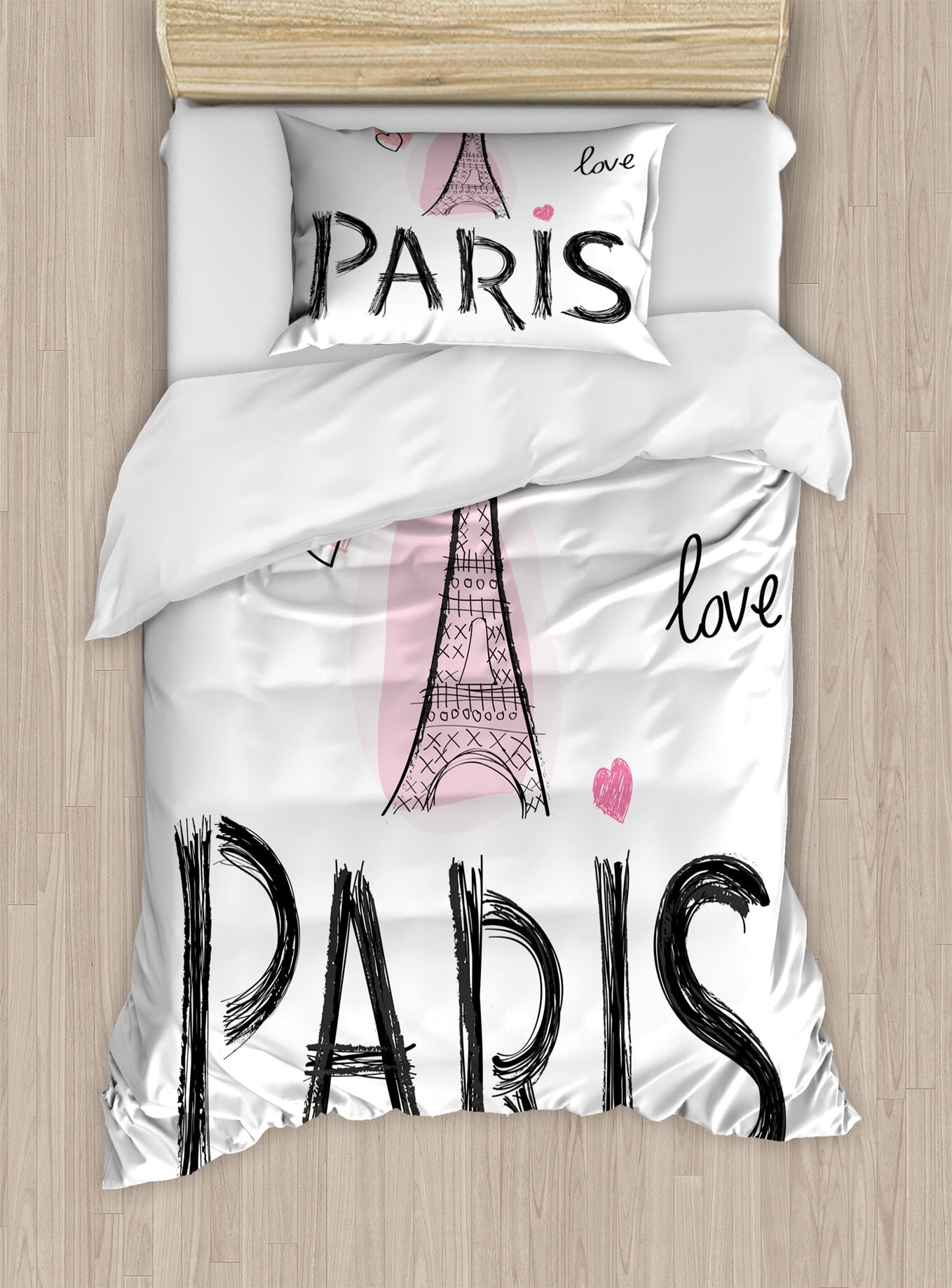 Eiffel Tower Duvet Cover Set, Hand Drawn Sketchy Paris Typography and ...