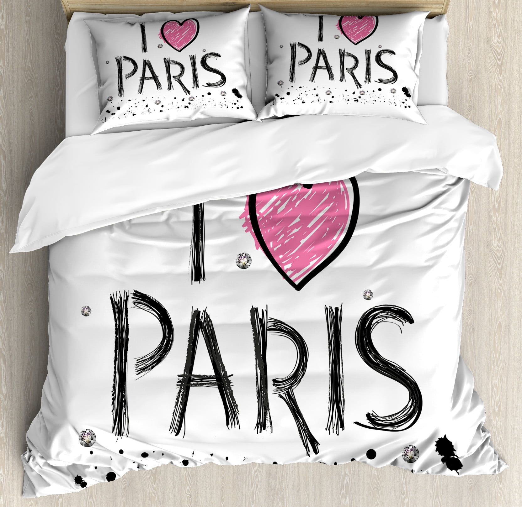 Eiffel Tower Duvet Cover Set, I Love Paris Pencil Drawn Wording with ...