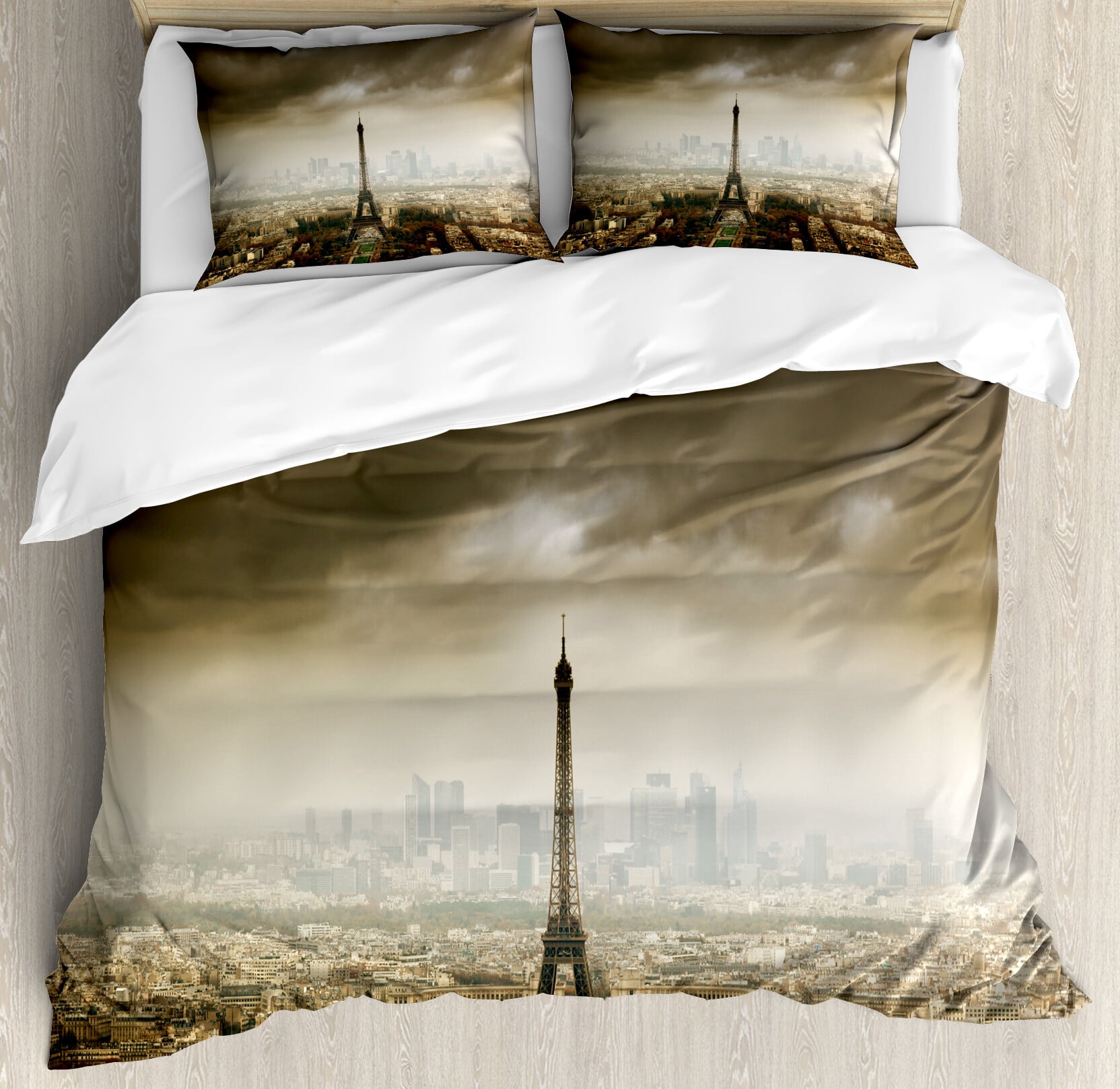 Eiffel Tower Duvet Cover Set, Paris Skyline Cloudy Cityscape Silhouette ...