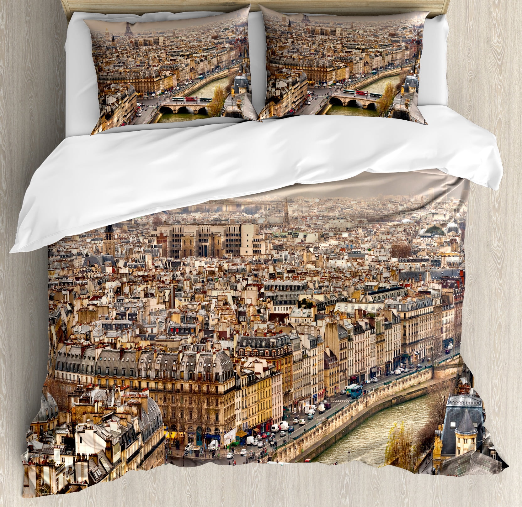 Eiffel Tower Duvet Cover Set, Paris Streets Busy Day Buildings Bridge ...