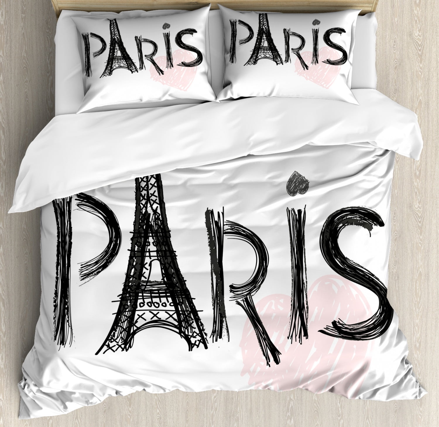 Eiffel Tower Duvet Cover Set, Paris Writing and a Pastel Tone Heart ...