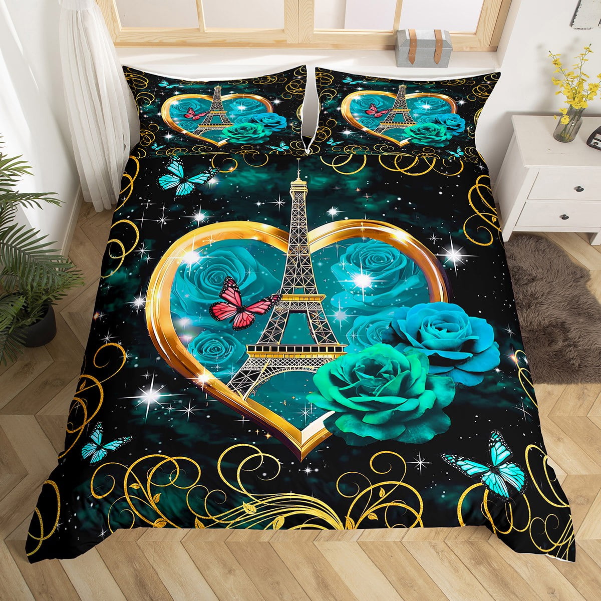 Eiffel Tower Duvet Cover Set Teal Rose Bedding Sets Full,Romantic ...