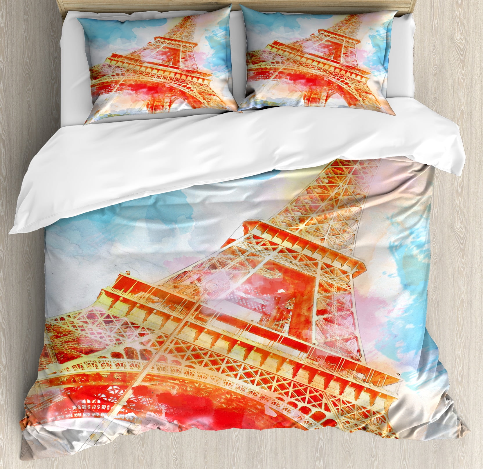 Eiffel Tower Duvet Cover Set, Watercolor Painted Linework Eiffel Tower ...