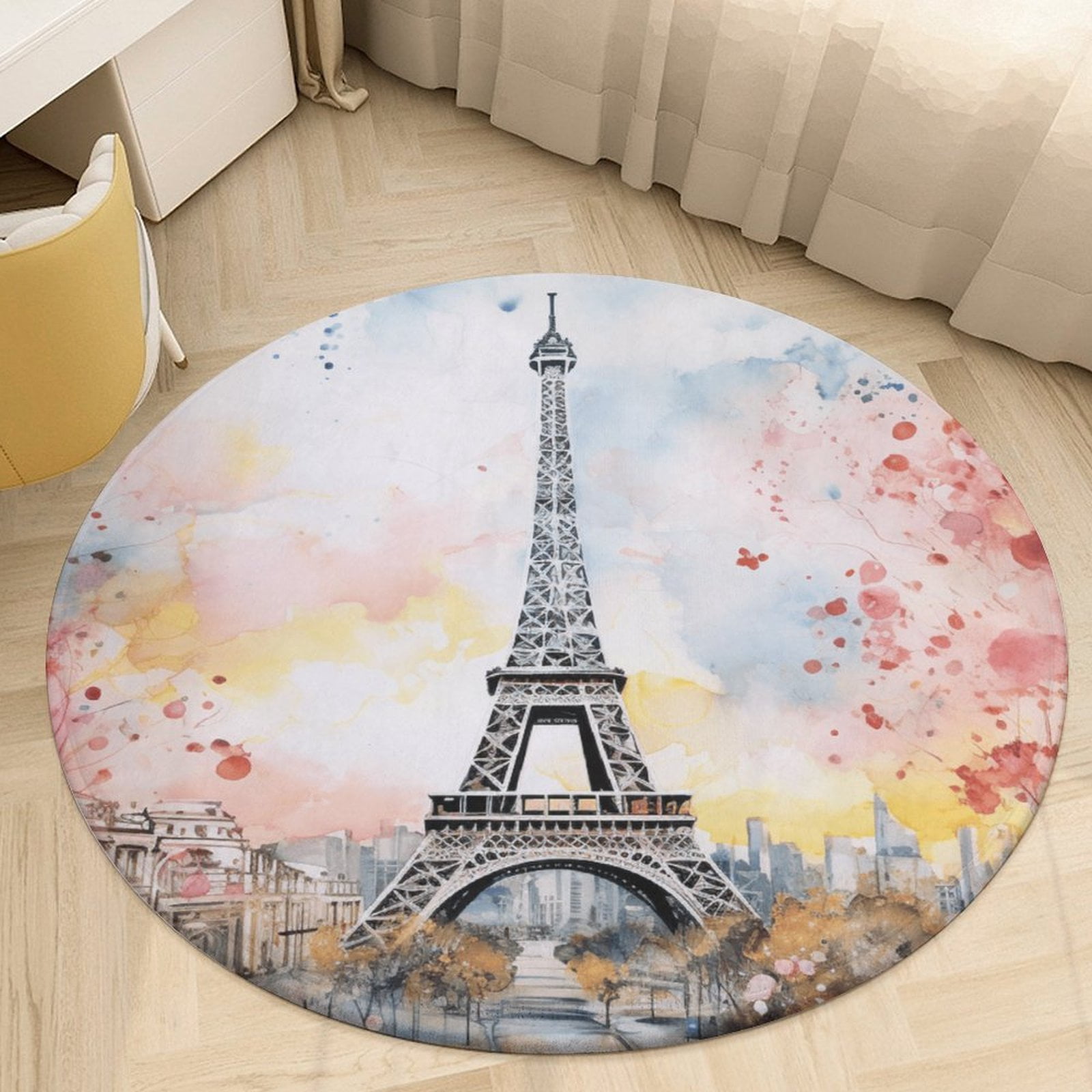 Eiffel Tower Floral Medallion Round Rug - Small Round Area Rug, Soft ...