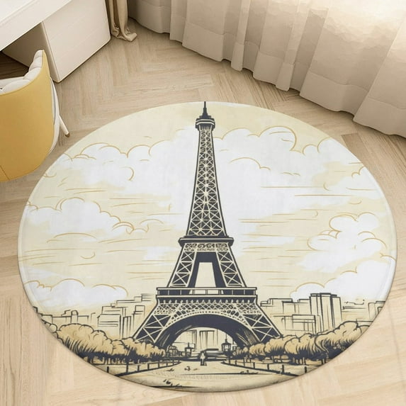 Eiffel Tower Floral Medallion Round Rug - Small Round Area Rug, Soft ...