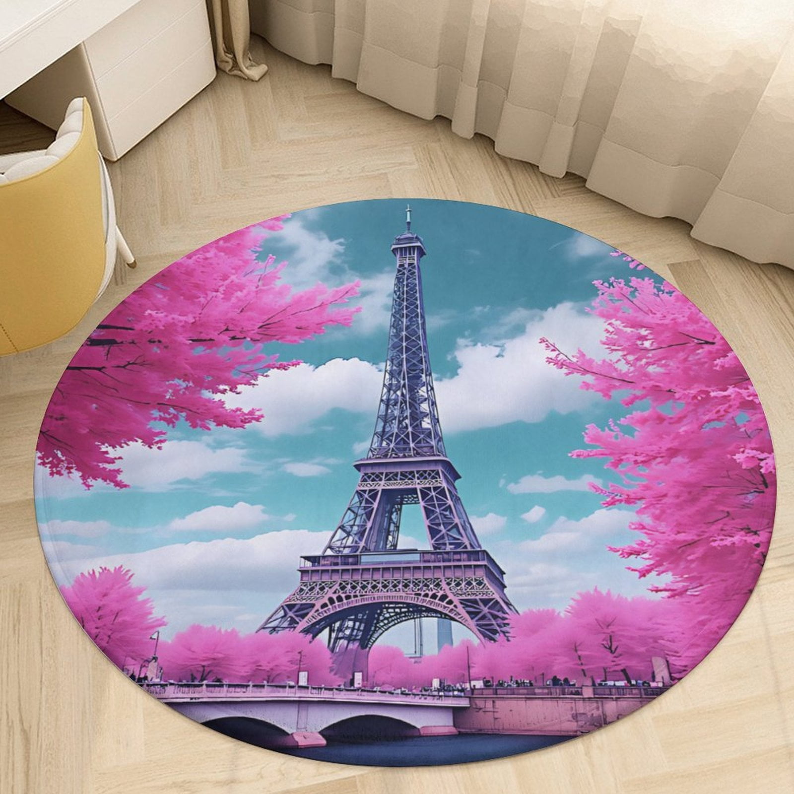 Eiffel Tower with Flowers Cherry Blossom Trees Round Area Rugs for ...