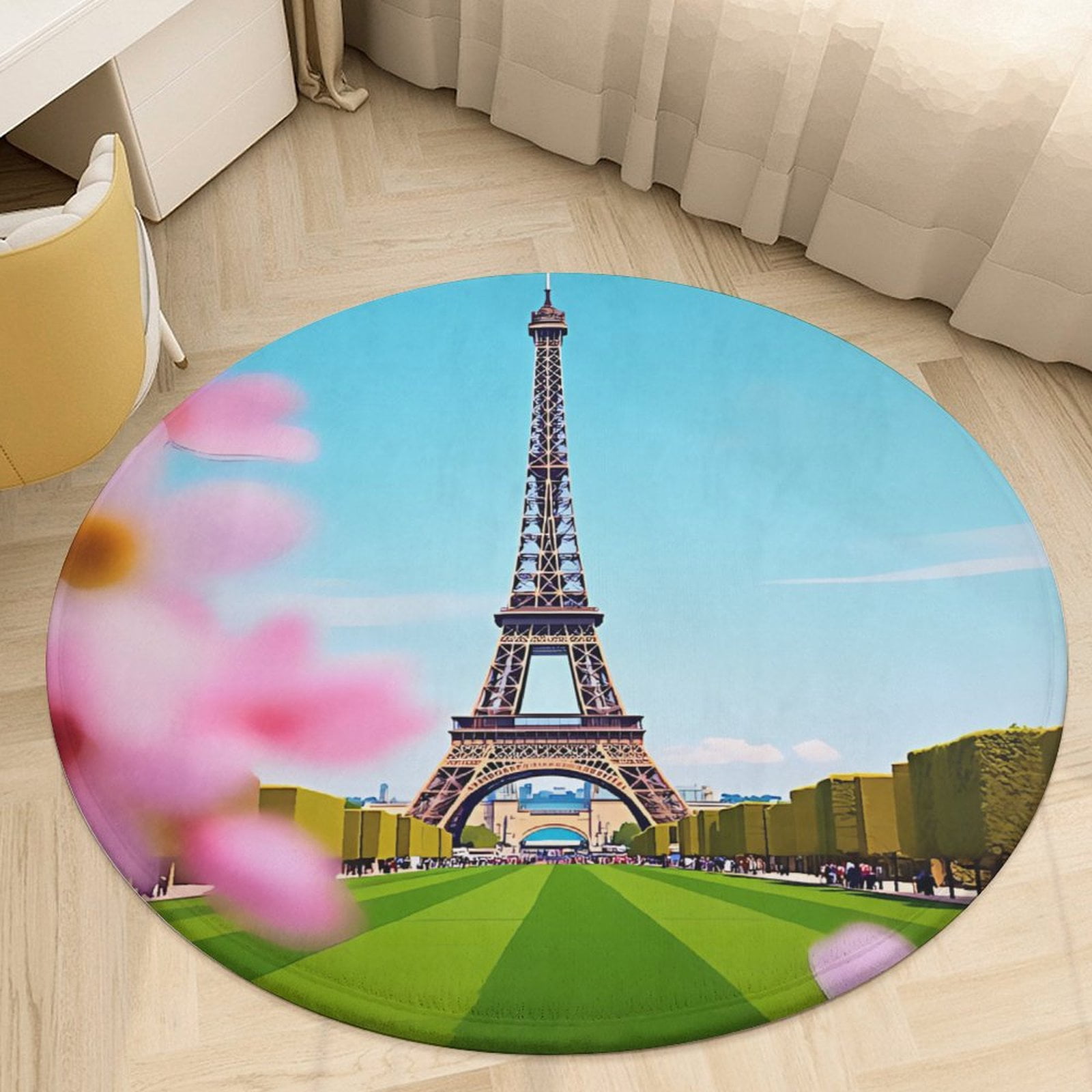 Eiffel Tower with Flowers Cherry Blossom Trees Round Area Rugs for ...