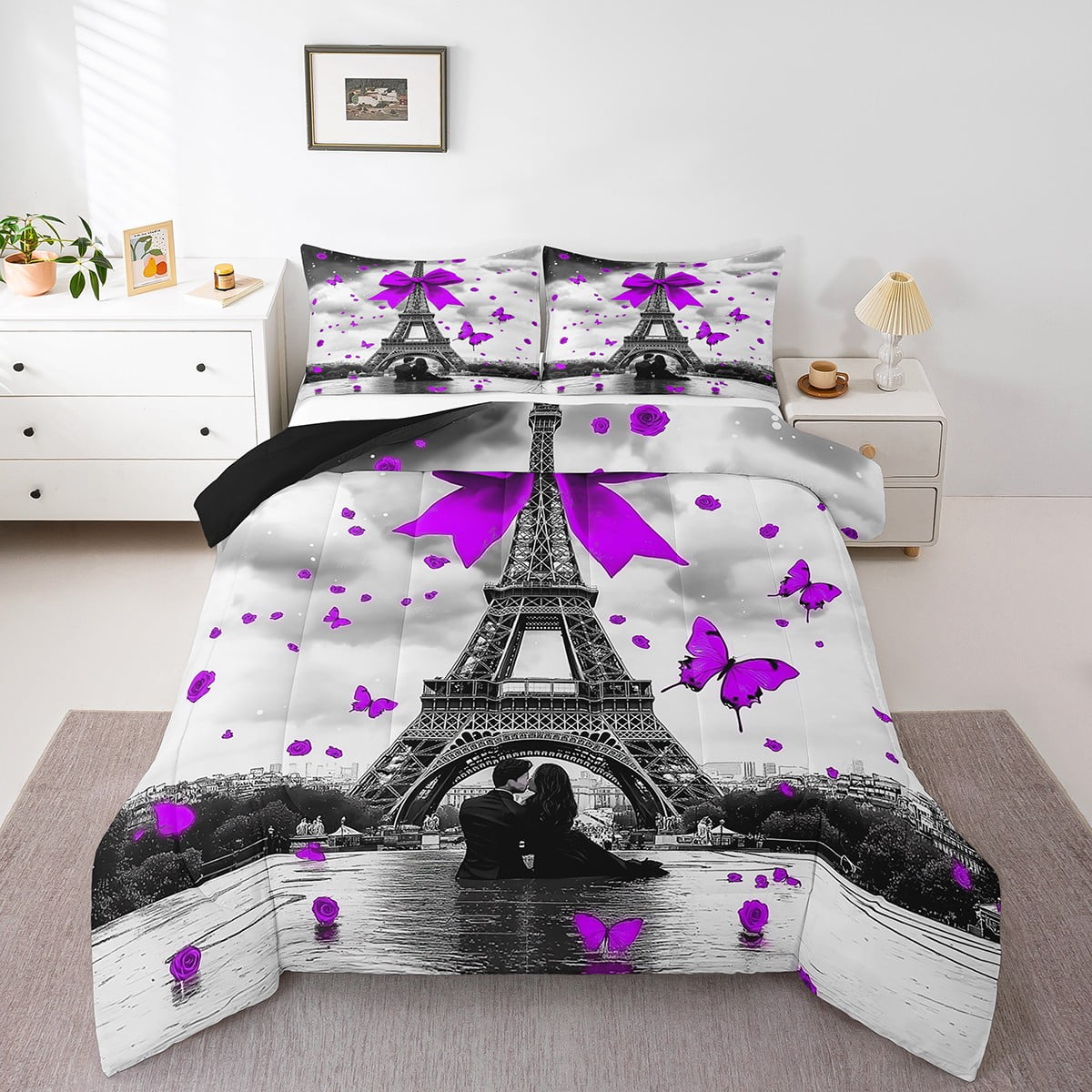 Eiffel Tower of France Bedding Full Size,Purple Bowknot Butterfly ...