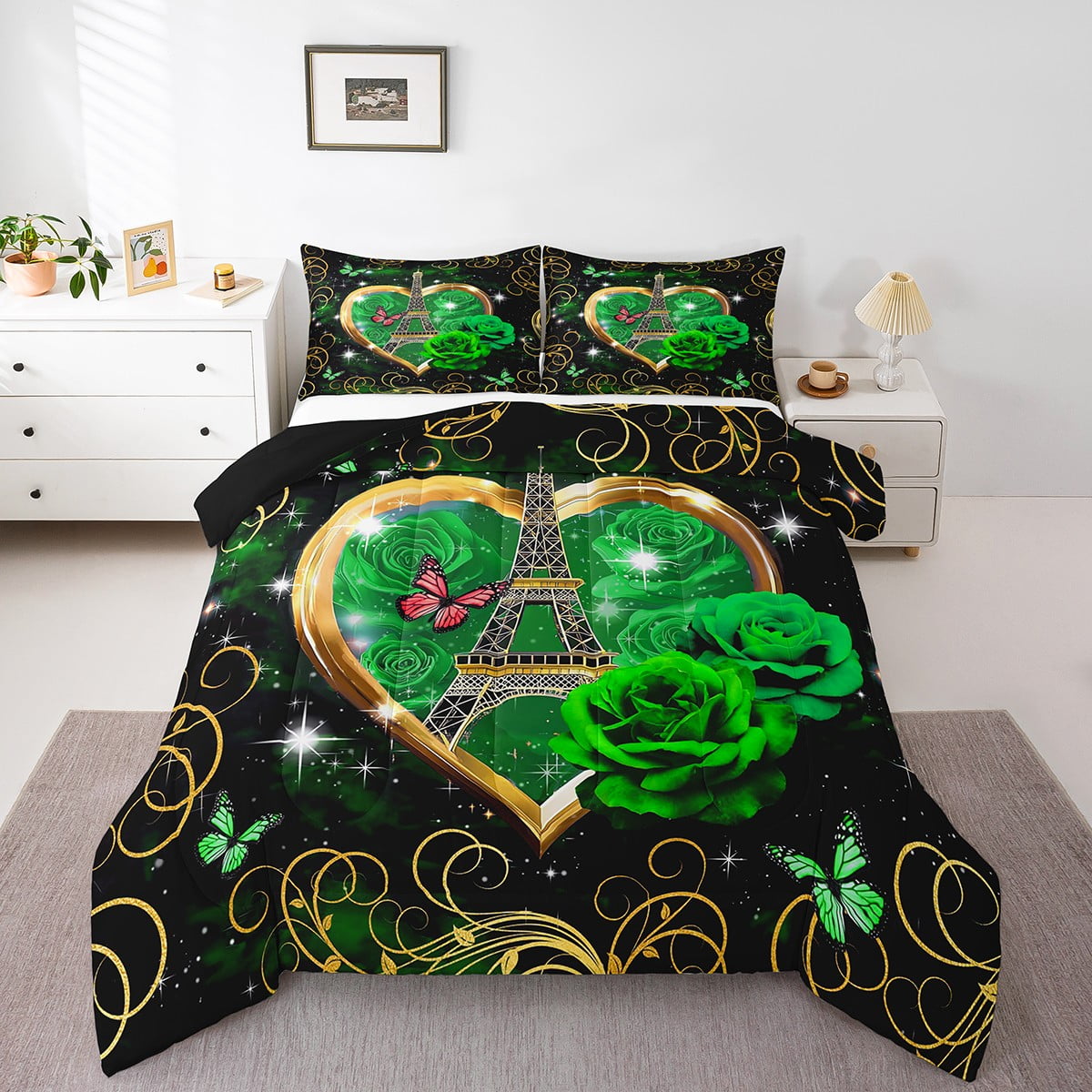Eiffel Tower of France Comforter Set Green Rose Down Comforter,Paris ...