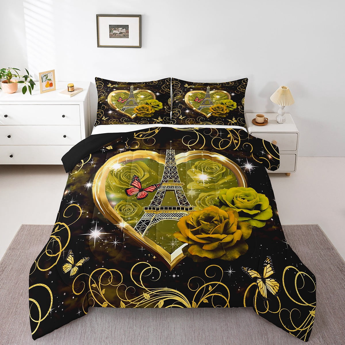 Eiffel Tower of France Comforter Set Yellow Rose Down Comforter,Paris ...