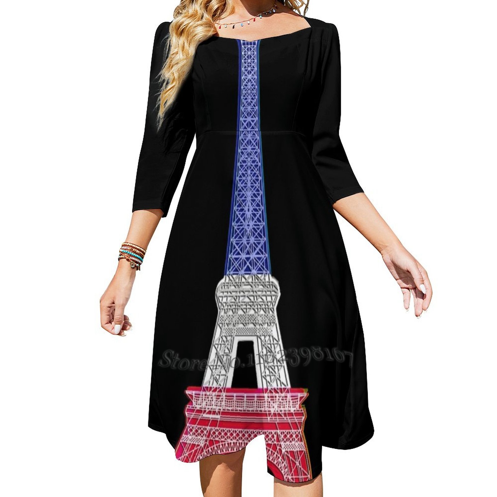 Eiffel Tower French Flag Sweetheart Knot Flared Dress Fashion Design ...