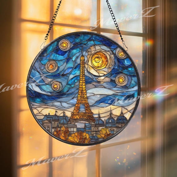 Eiffel Tower Glass Suncatcher, Round Paris Skyline, Starry Night Sky, 3 ...