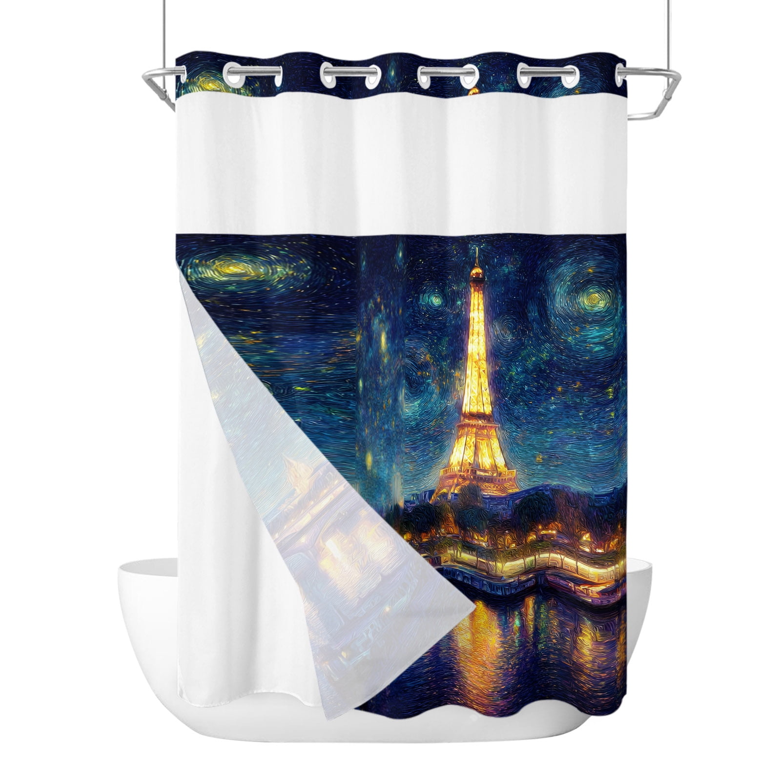 Eiffel Tower No Hook Shower Curtain with Snap in Liner, Starry Night ...