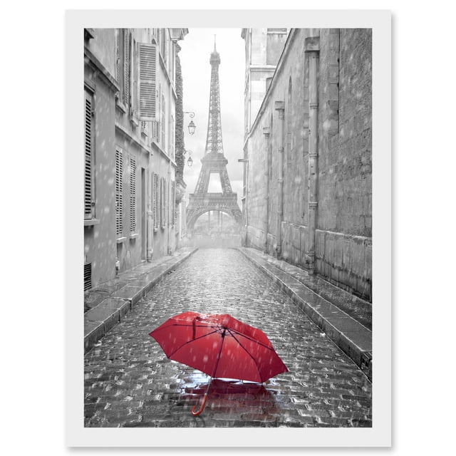 Eiffel Tower In Paris Red Umbrella Rain Alley Cobbles Artwork Framed ...