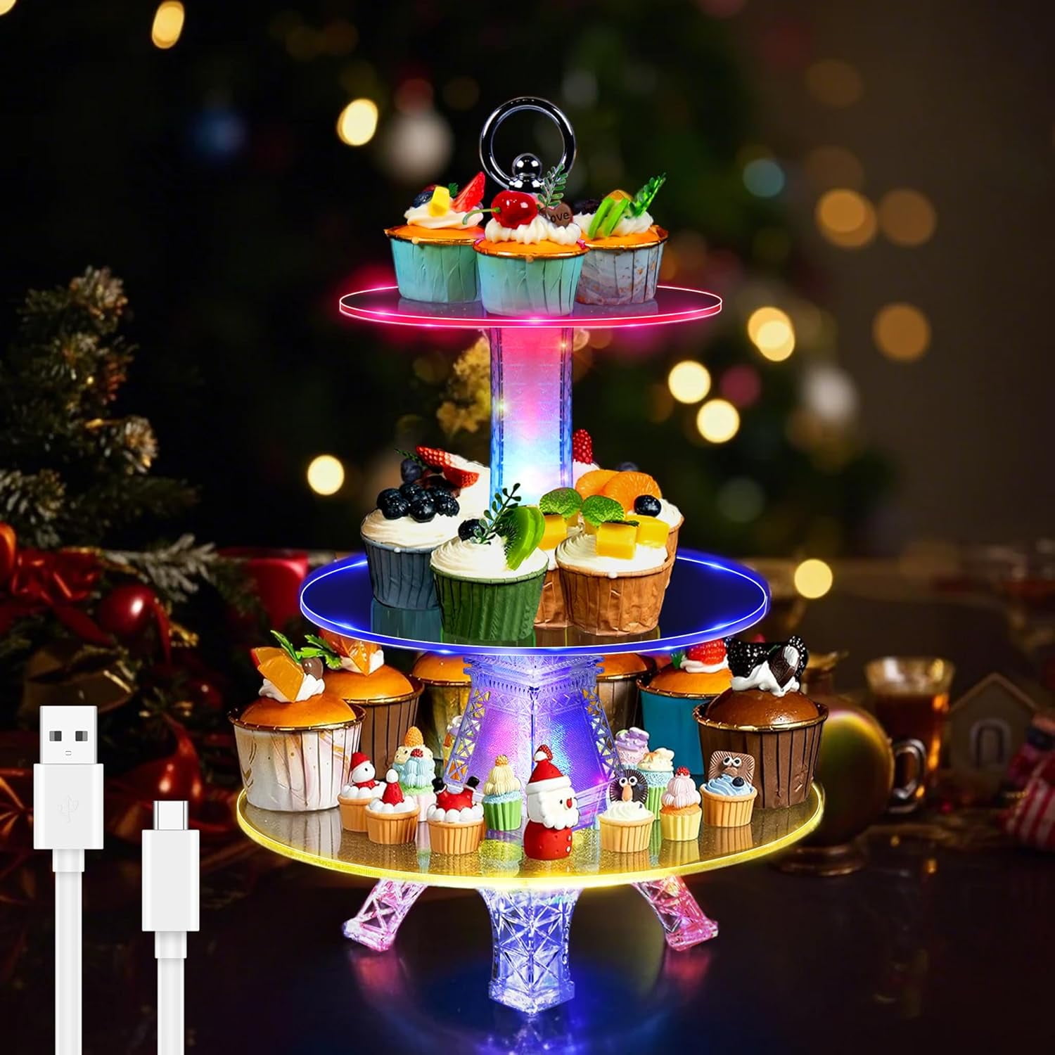 Eiffel Tower Inspired 3 Tier Cupcake Stand with LED Light, Premium ...